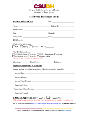 Fillable Online Department of Human Services. Fieldwork Placement Form ...