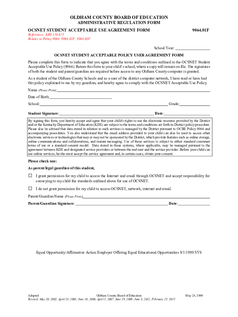 Fillable Online OCBE Form 9064: OCSNET Student Acceptable Use Form Fax ...