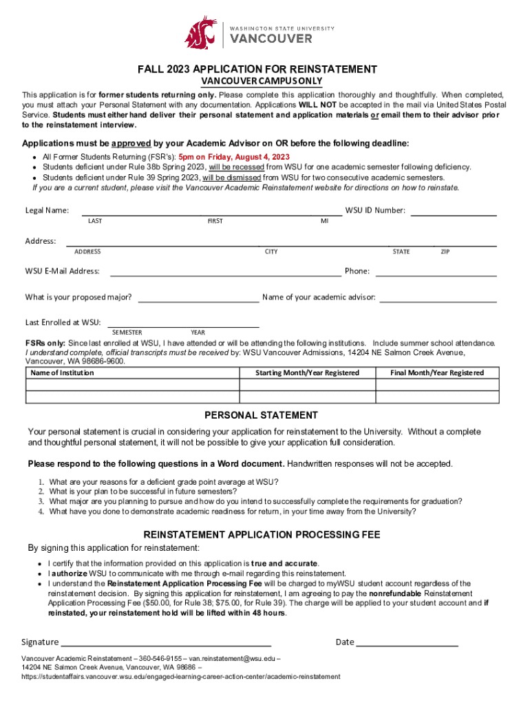 Fillable Online studentaffairs vancouver wsu Academic reinstatement application and guidelines ...