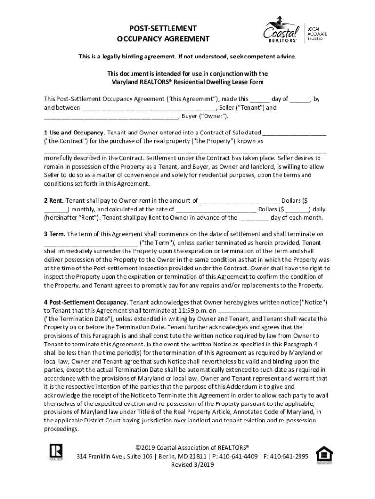 Fillable Online POST-SETTLEMENT OCCUPANCY AGREEMENT Fax Email Print ...