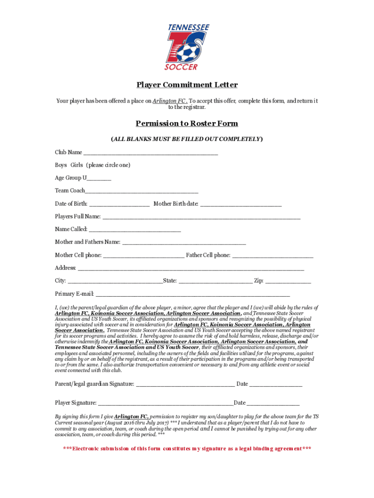 Fillable Online Player Commitment Letter Permission to Roster Form Fax ...