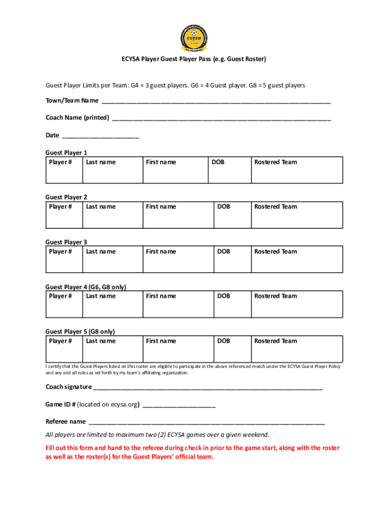 Fillable Online ECYSA Player Guest Player Pass (eg Guest Roster) Fax ...