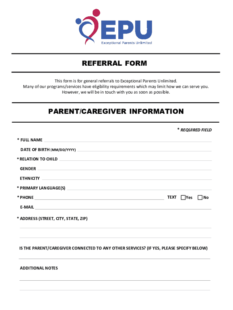Fillable Online REFERRAL FORM PARENT/CAREGIVER INFORMATION Fax Email ...