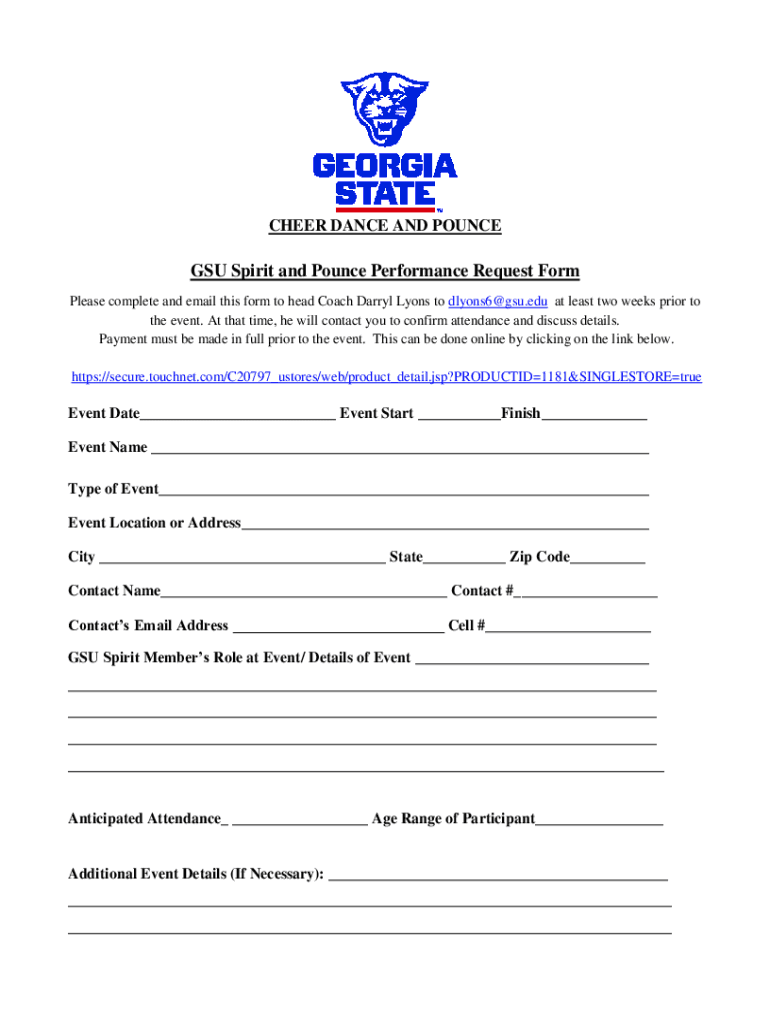 Fillable Online GSU Spirit and Pounce Performance Request Form Fax ...