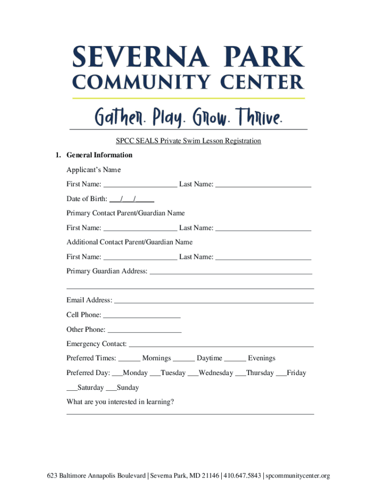 Fillable Online SPCC SEALS Private Swim Lesson Registration Fax Email ...