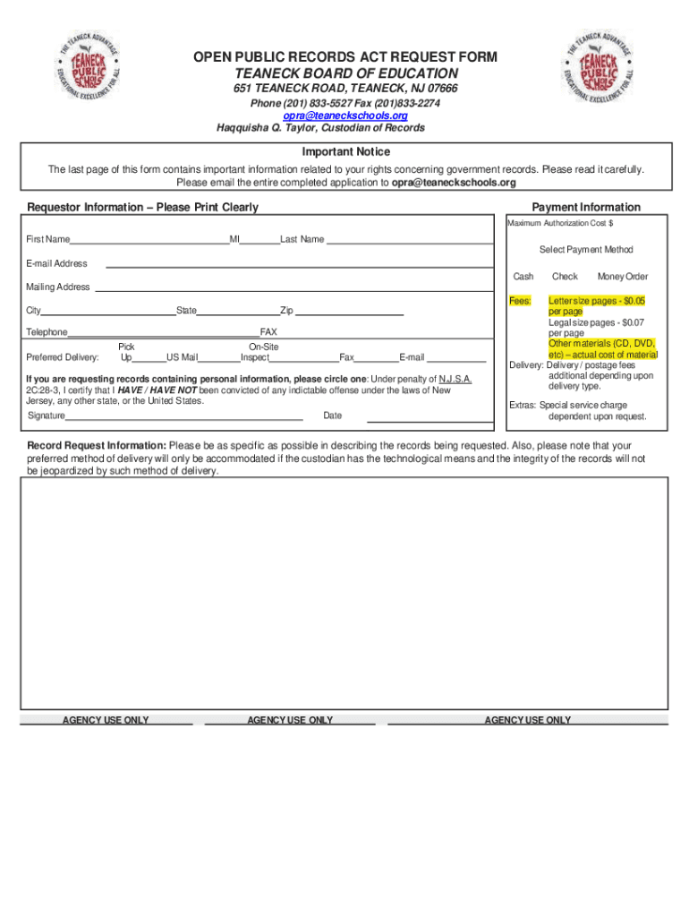 Fillable Online teaneck opra request form.doc Fax Email Print - pdfFiller