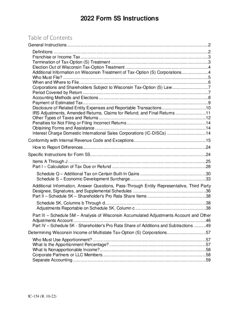 Fillable Online 2022 Form 5S Instructions - Wisconsin Department of ...