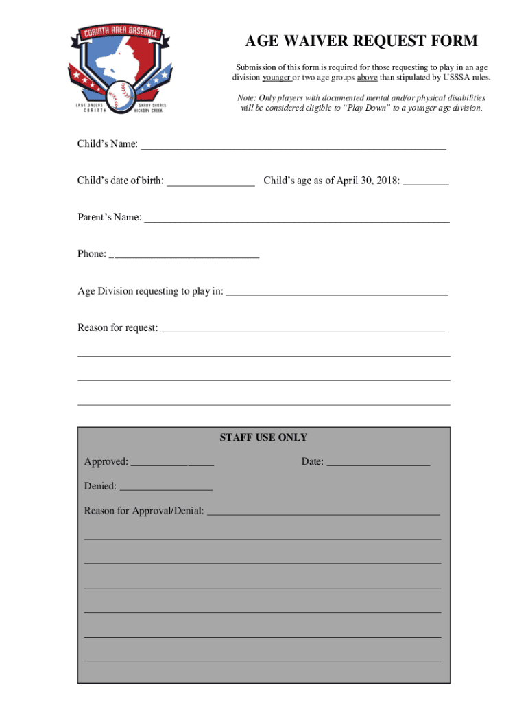 Fillable Online AGE WAIVER REQUEST FORM Fax Email Print - pdfFiller