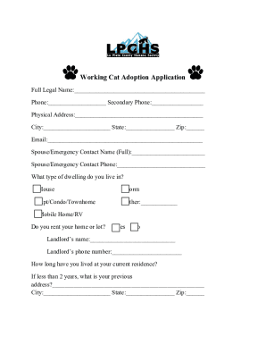 Fillable Online Working Cat Adoption Application Fax Email Print - pdfFiller