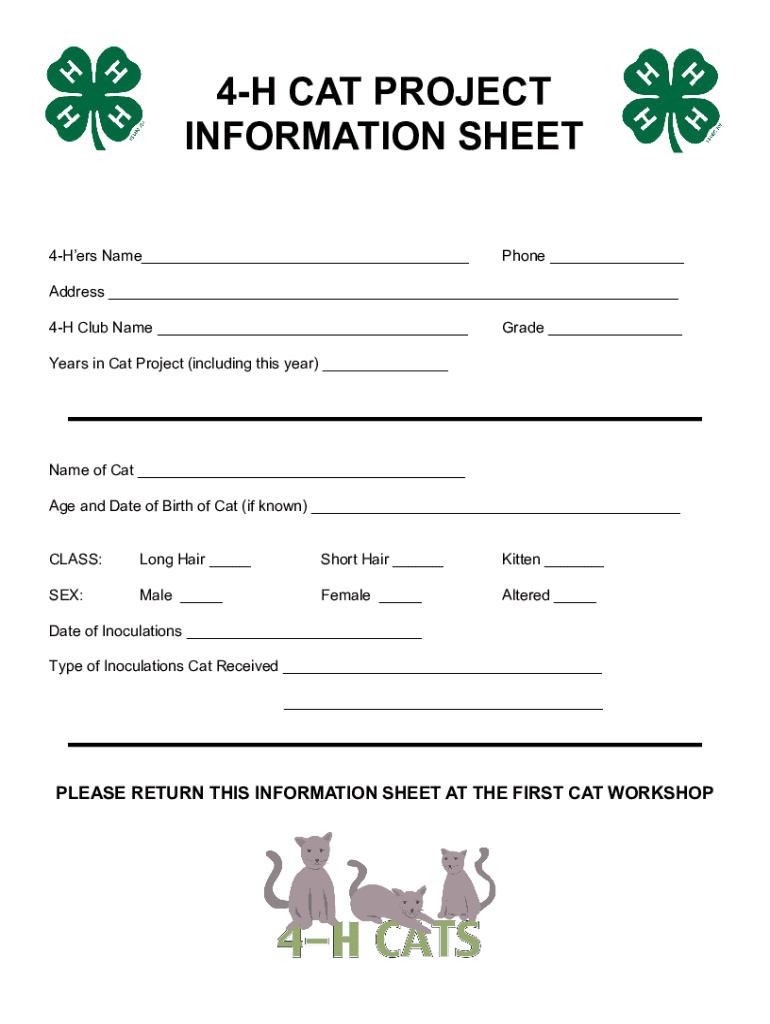 Fillable Online extension purdue 4-H CAT PROJECT INFORMATION SHEET Fax ...