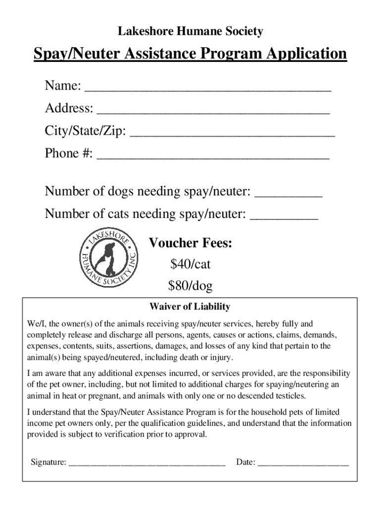 Fillable Online SPAY / NEUTER ONLINE FORM - Lakeshore Humane Society ...