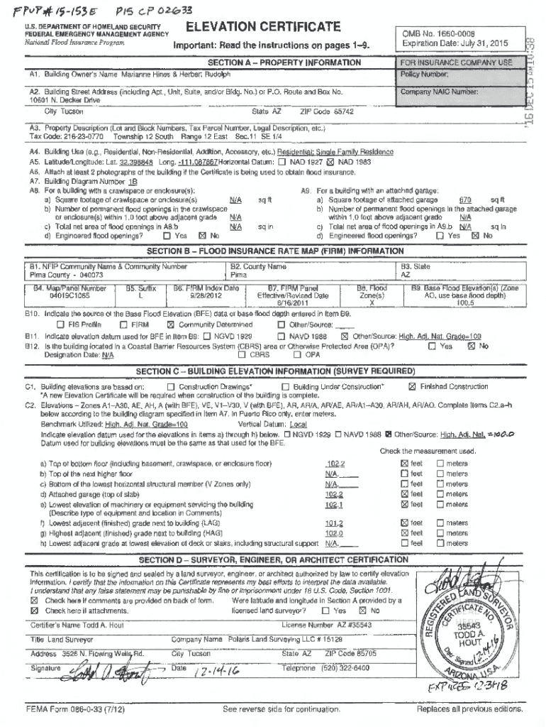Fillable Online rfcd pima # rpJ --fo 7. ELEVATION CERTIFICATE Fax Email ...