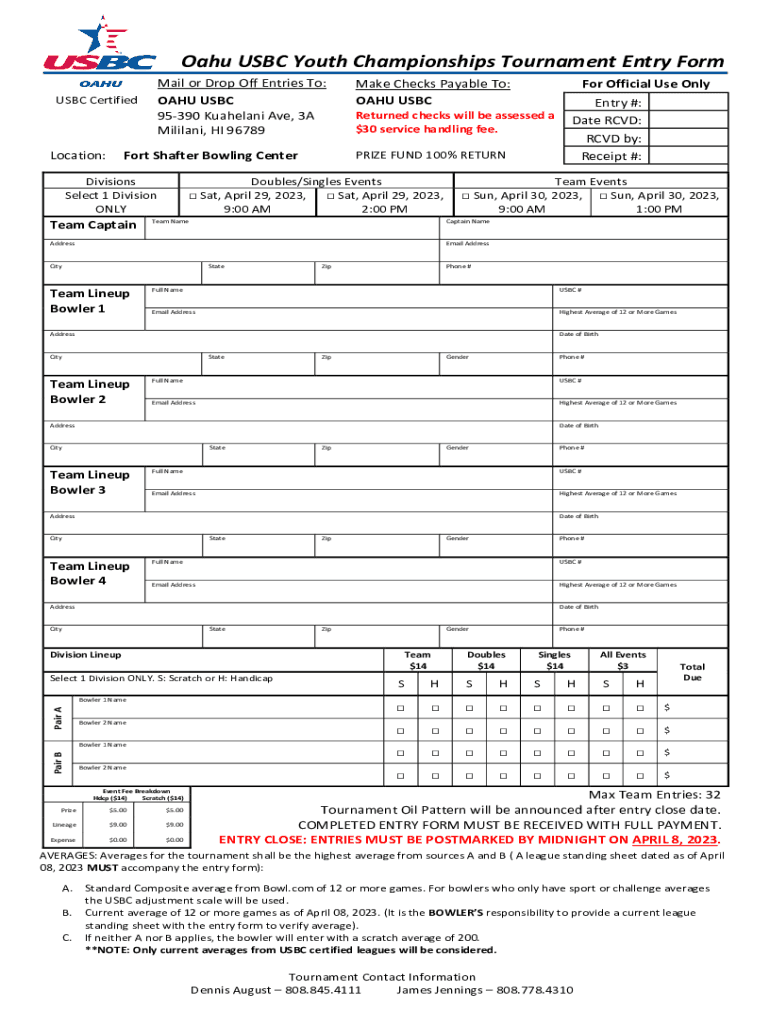 Fillable Online Oahu USBC 73rd Annual Open City Championships ... Fax ...