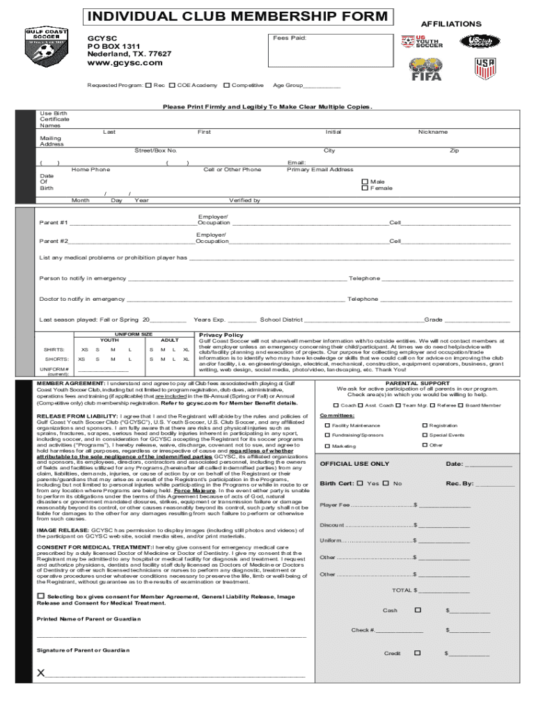 Fillable Online INDIVIDUAL CLUB MEMBERSHIP FORM Fax Email Print - pdfFiller