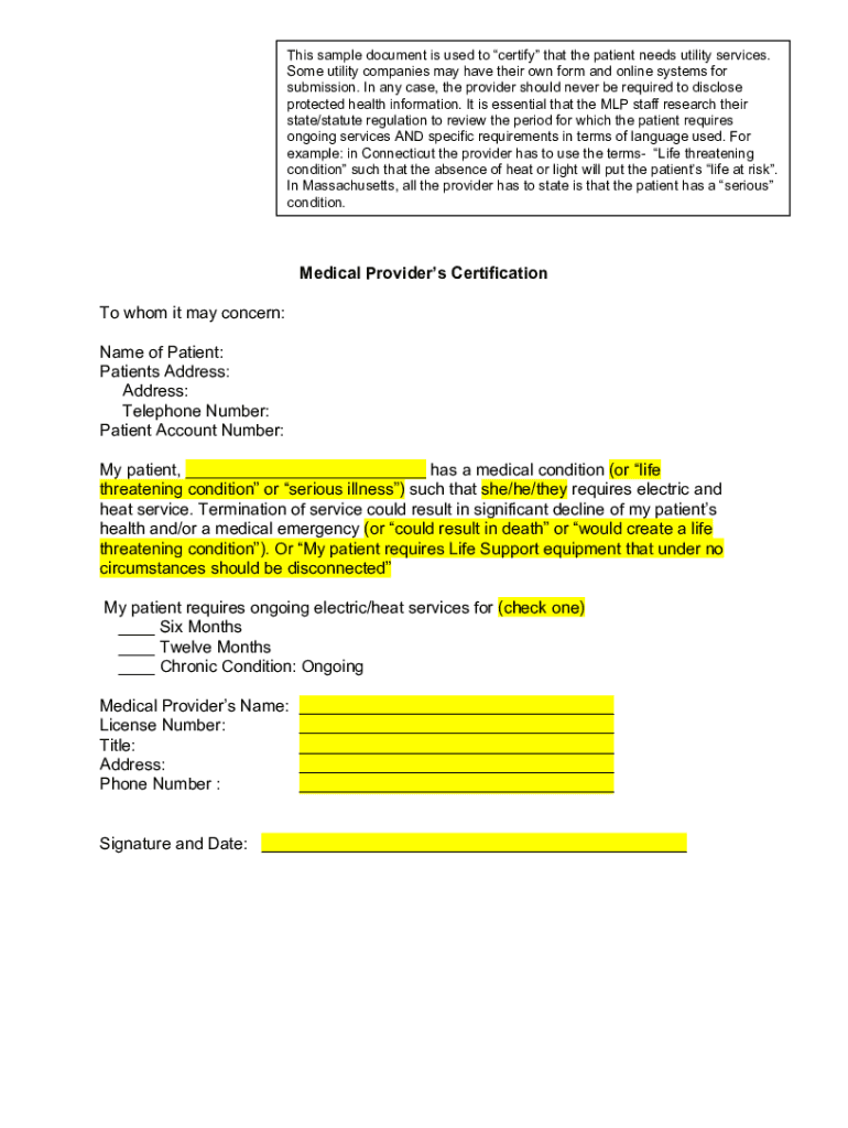 Fillable Online Medical Provider's Certification To whom it may concern ...