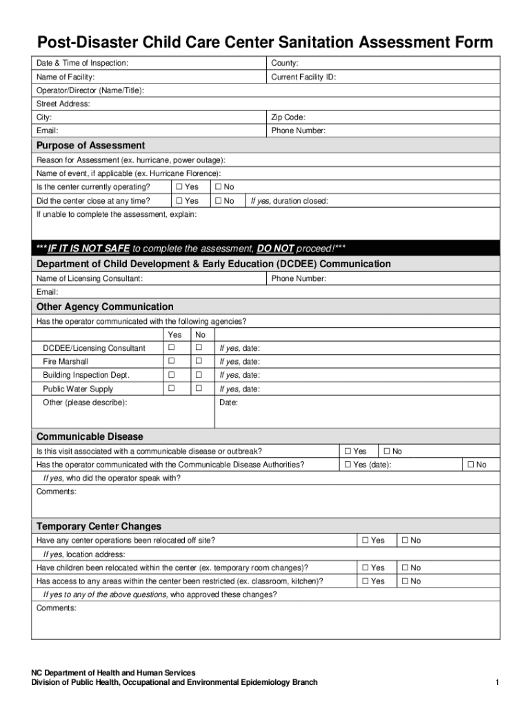 Fillable Online Post-Disaster Child Care Center Sanitation Assessment ...