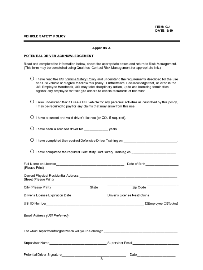 Fillable Online Vehicle Safety PolicyUSI Employee Handbook Fax Email ...