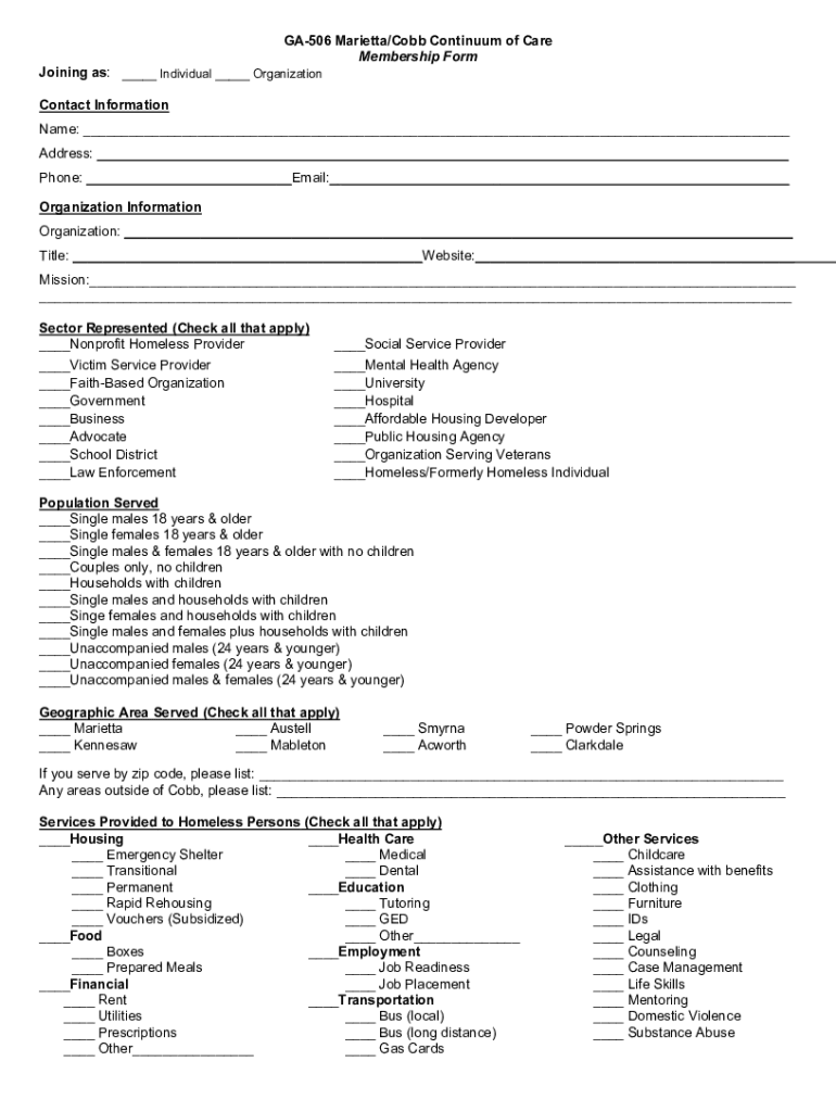 Fillable Online GA-506 Marietta/Cobb Continuum of Care Membership Form ...