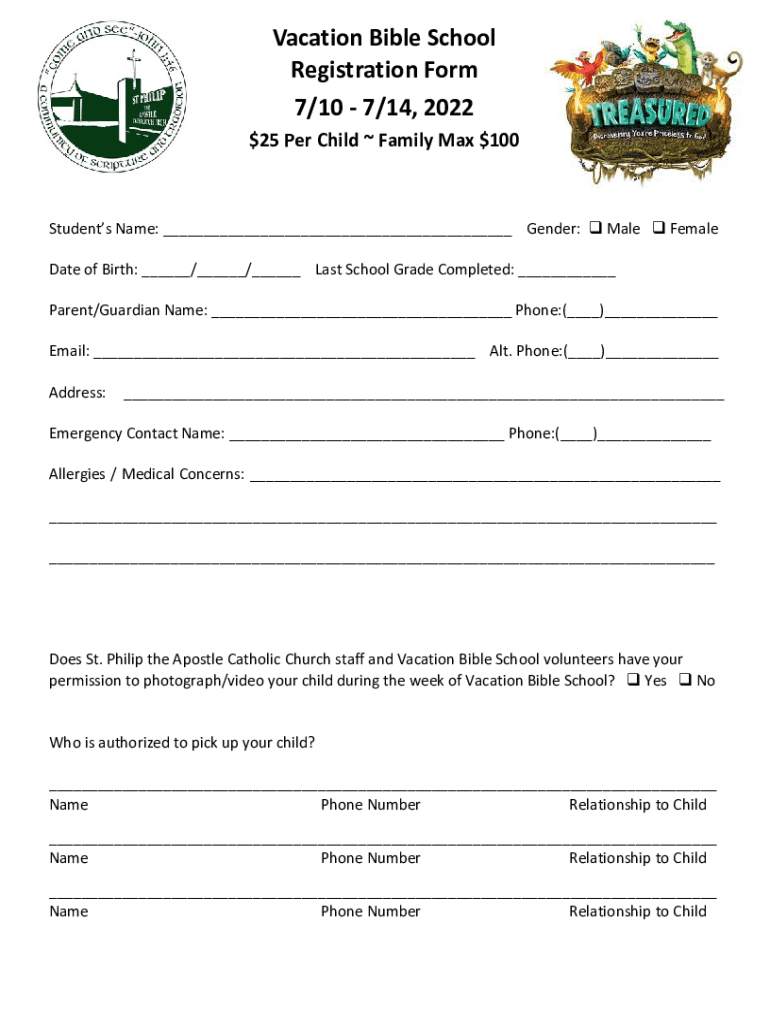 Fillable Online Vacation Bible School Registration Form 7/10 - 7/14 ...