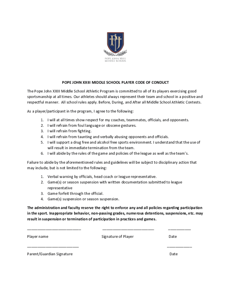 Fillable Online Pope John Middle School PLAYER CODE OF CONDUCT Fax ...