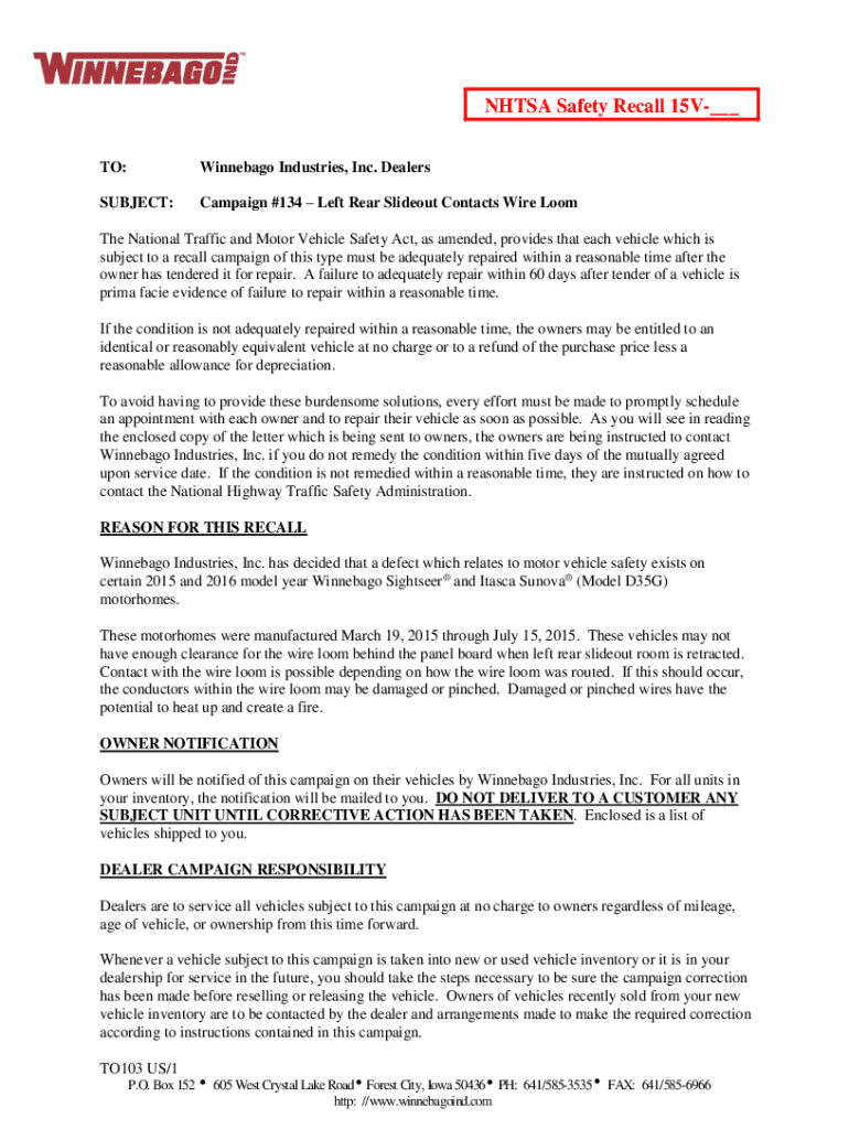 Fillable Online NHTSA Safety Recall 15V-510 TO: Winnebago Industries ...