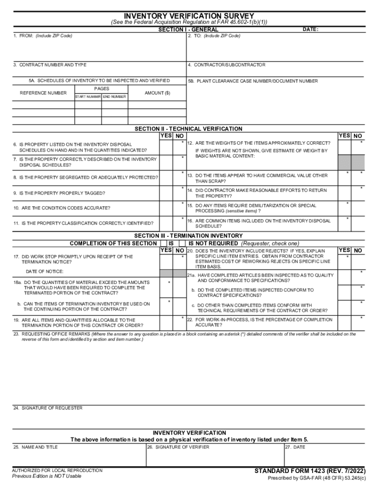 Fillable Online Standard Form 1423 - Inventory Verification Survey Fax ...