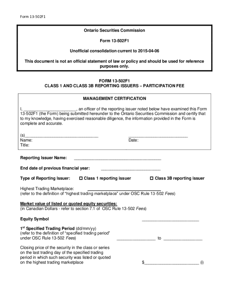 Fillable Online Form 13-502F1 Class 1 and Class 3B Reporting Issuers ...