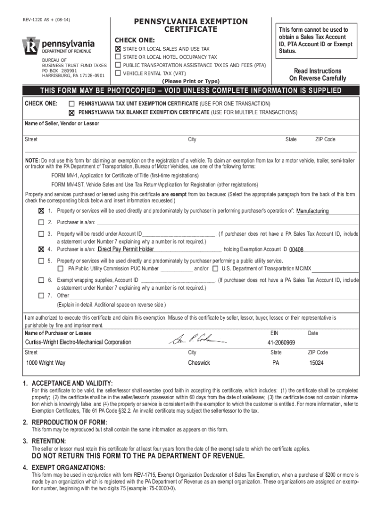 Fillable Online Pennsylvania Exemption Certificate (REV-1220) - ADESA ...