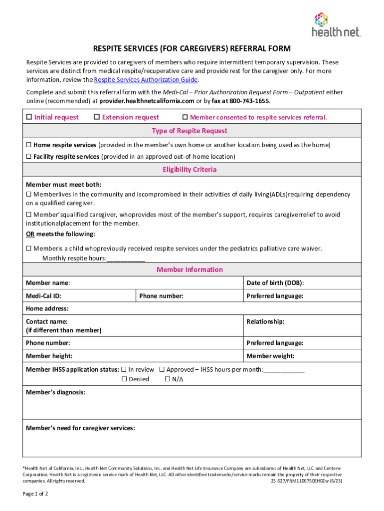 Fillable Online RESPITE SERVICES (FOR CAREGIVERS) REFERRAL FORM ...