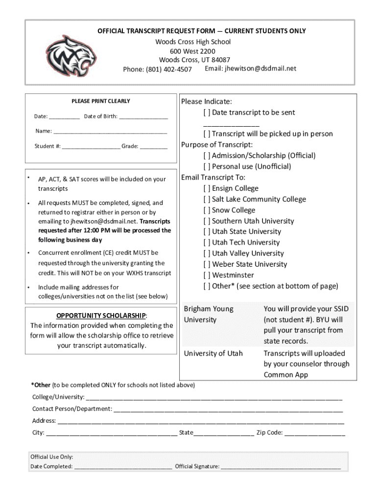 Fillable Online Woods Cross High School Transcript Request Fax Email Print - pdfFiller