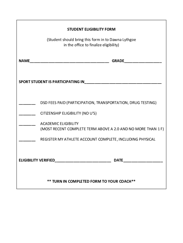 Fillable Online STUDENT ELIGIBILITY FORM Fax Email Print - pdfFiller