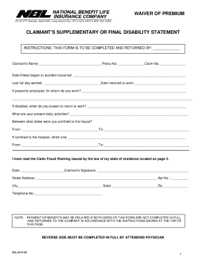 Fillable Online Life Insurance Benefits Disability Waiver of Premium ...