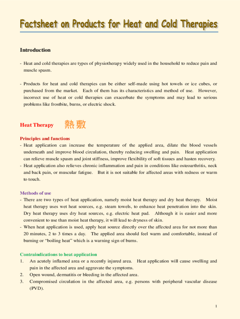 Fillable Online Factsheet on the Use of Heat/Cold Therapy (version 3-8 ...