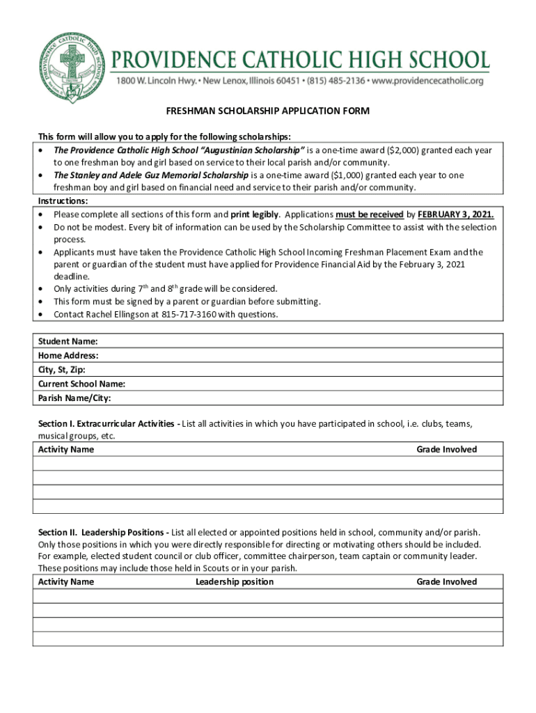 Fillable Online FRESHMAN SCHOLARSHIP APPLICATION FORM Fax Email Print - pdfFiller