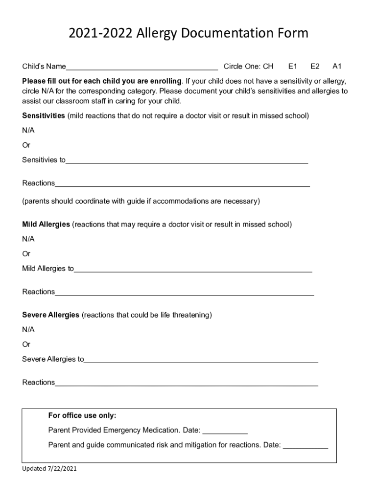 Fillable Online Allergy Documentation Form Fax Email Print - pdfFiller