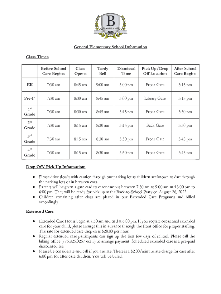 Fillable Online General Elementary School Information Class Times ...