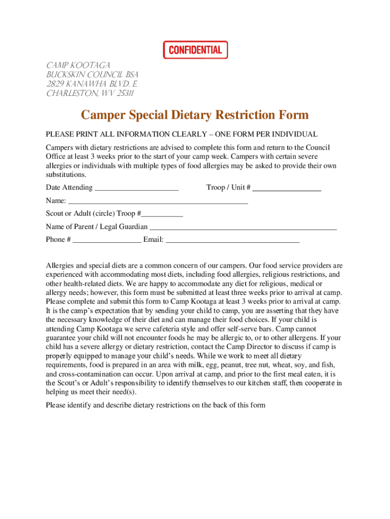 Fillable Online Camper Special Dietary Restriction Form Fax Email Print ...