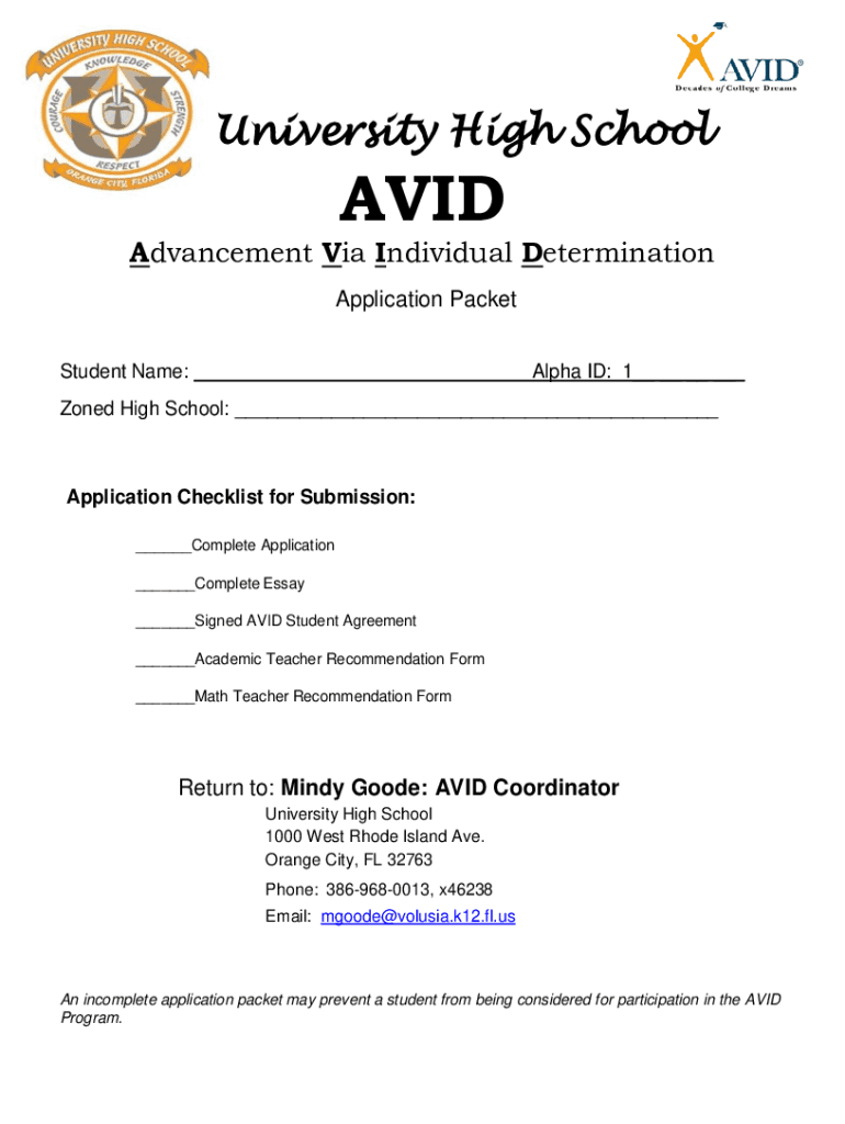 Fillable Online John F. Kennedy Middle School AVID Student Application ...
