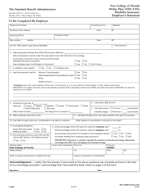 Fillable Online New College of Florida 30-Day Plan (STD/LTD) Disability ...