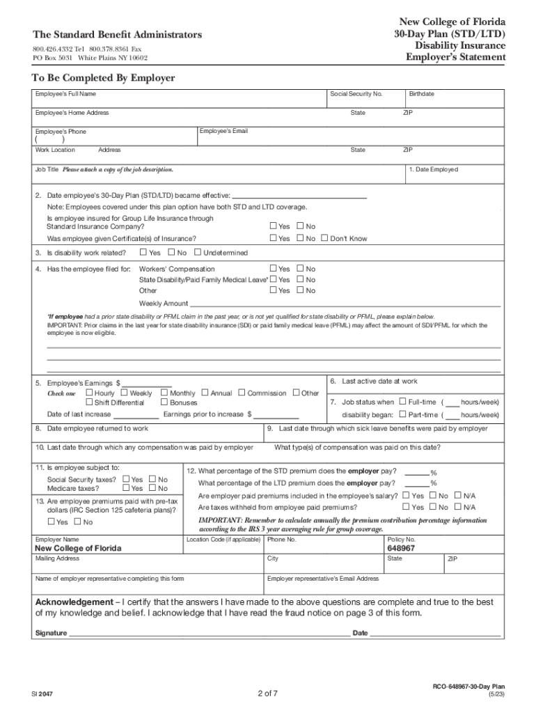 Fillable Online New College of Florida 30-Day Plan (STD/LTD) Disability ...