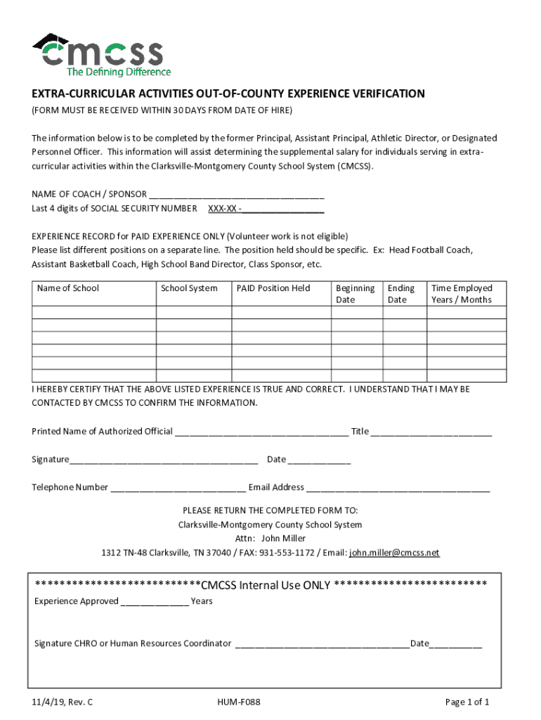 Fillable Online extra-curricular activities out-of-county experience ...