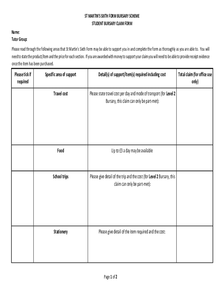 Fillable Online Student Bursary Claim Form Fax Email Print - pdfFiller
