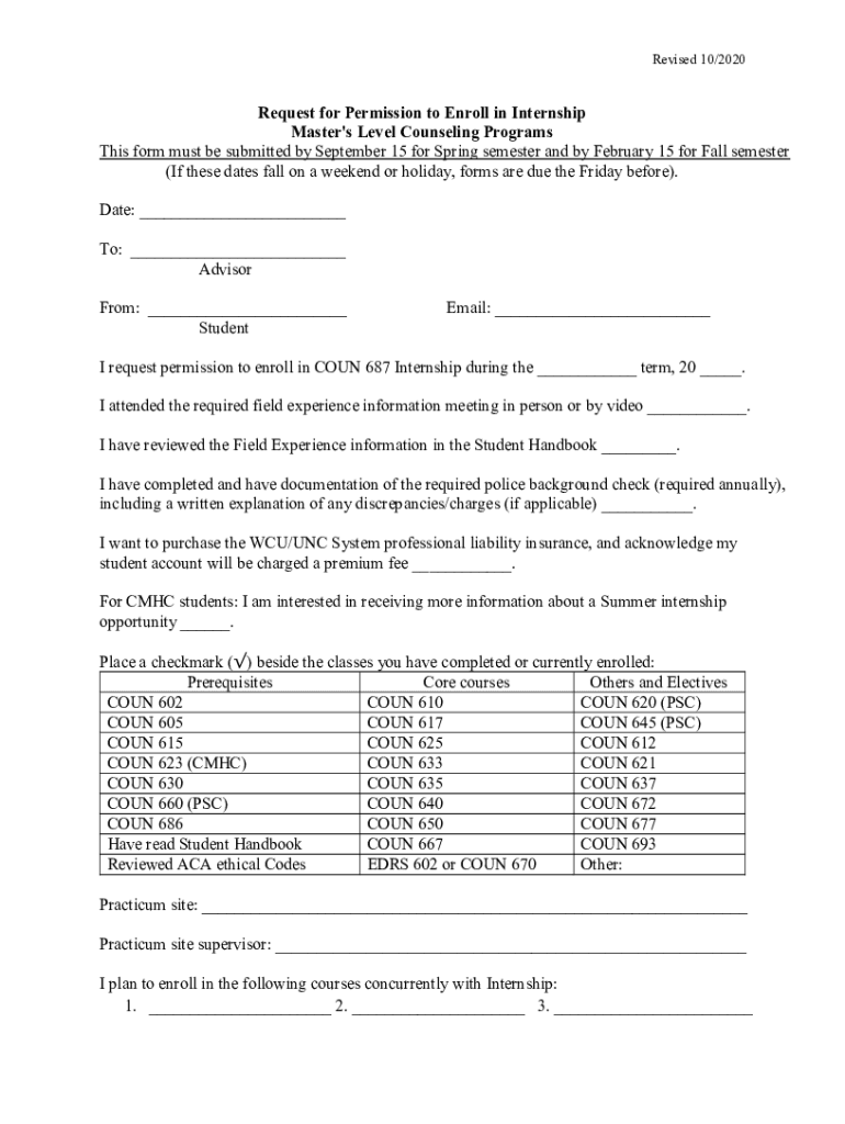 Fillable Online Request for Permission to Enroll in Internship Fax ...
