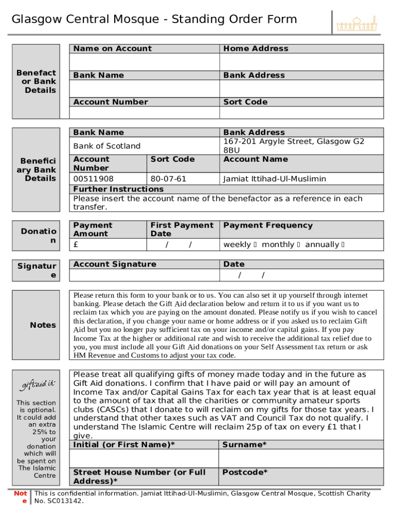 Glasgow Central Mosque - Standing Order Doc Template | pdfFiller