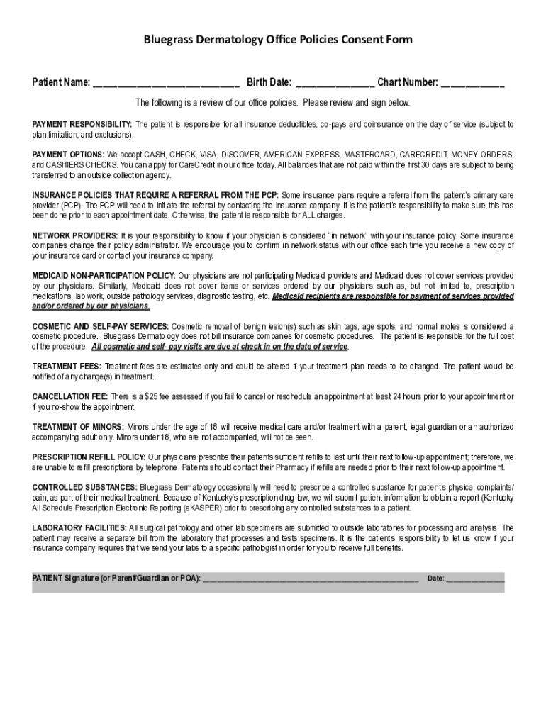 Fillable Online Bluegrass Dermatology Office Policies Consent Form Fax Email Print - pdfFiller