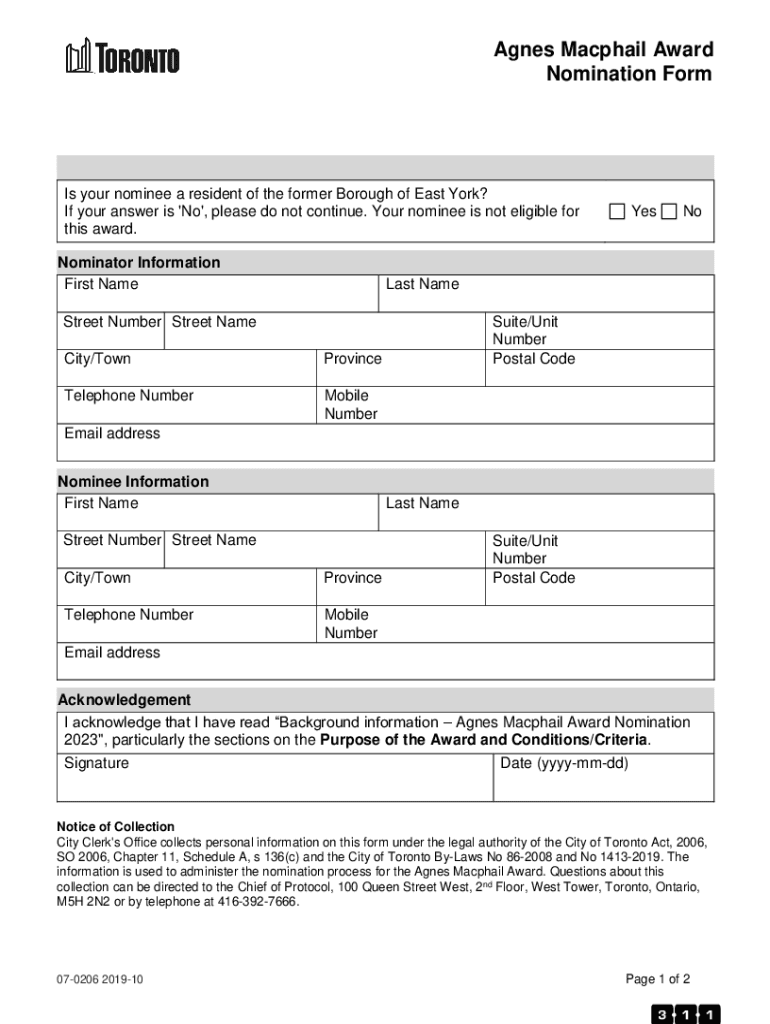 Fillable Online Agnes Macphail Award Nomination Form Fax Email Print - pdfFiller