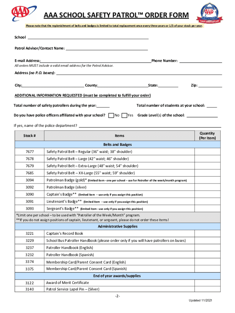 Fillable Online Start here to order School Safety Patrol supplies Fax ...