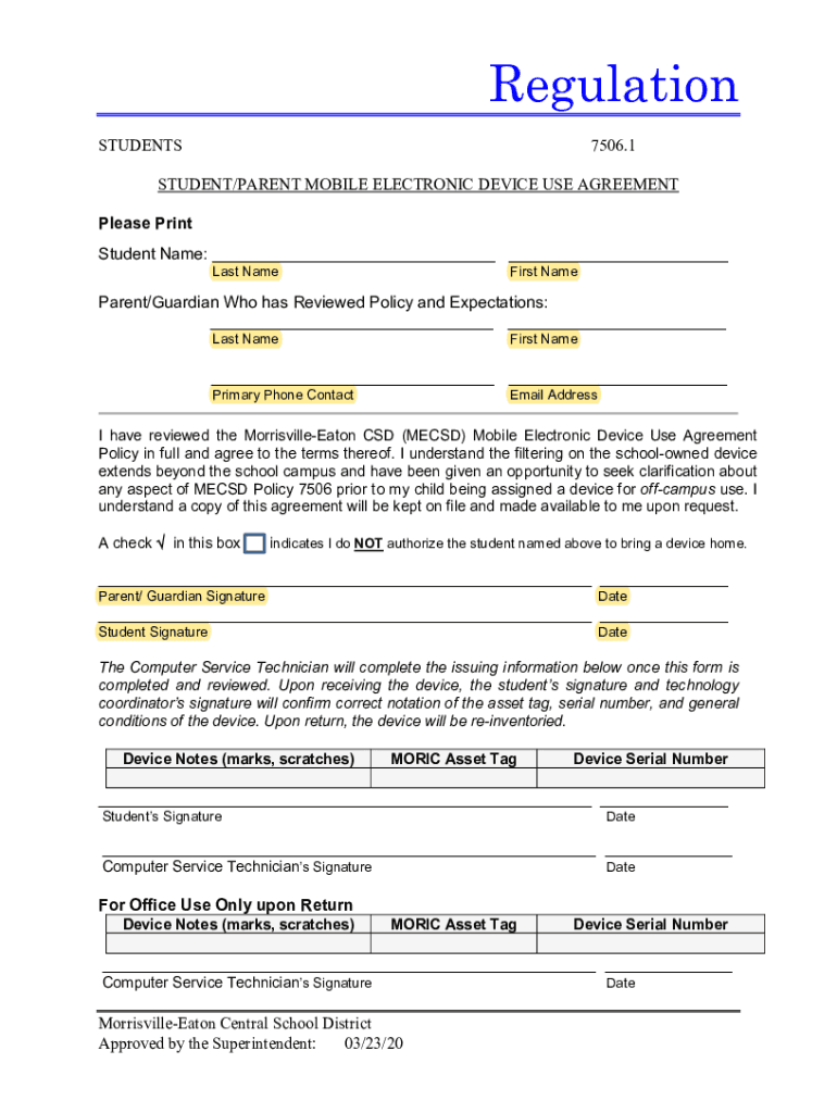 Fillable Online STUDENT/PARENT MOBILE ELECTRONIC DEVICE USE AGREEMENT ...