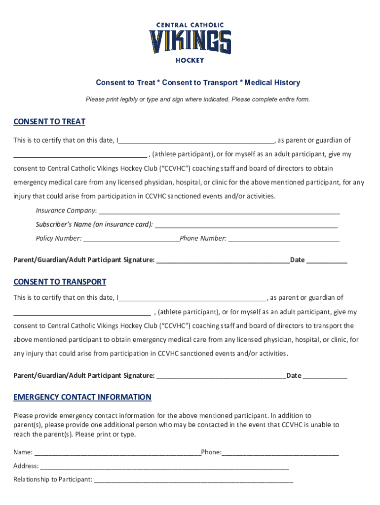 Fillable Online Consent to Treat * Consent to Transport * Medical ...