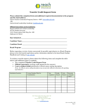 Fillable Online Reach Transfer Credit Form (living doc for revisions ...